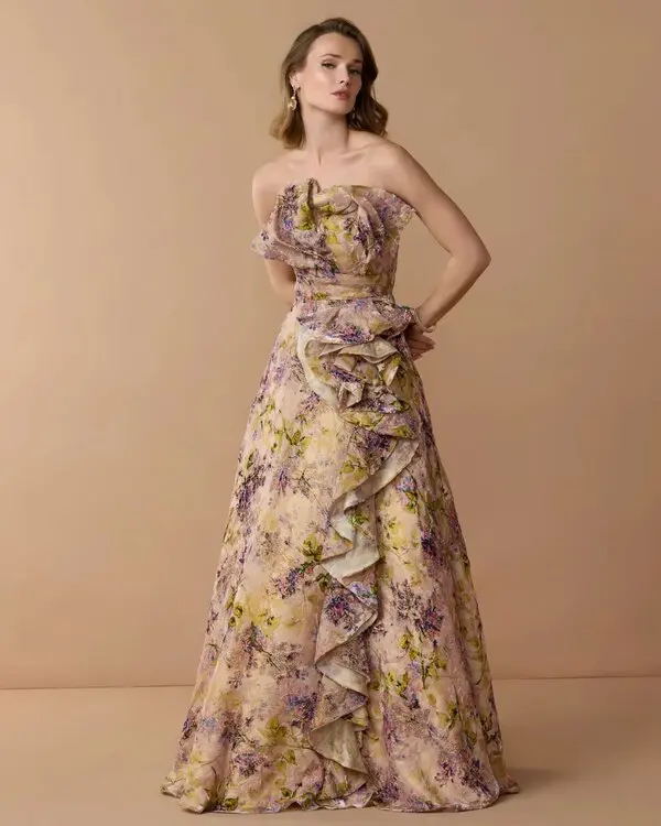 MAC DUGGAL COLLECTION Floral Ball Gown With Ruffle Detail