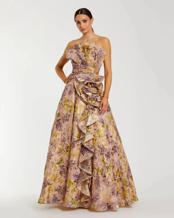 MAC DUGGAL COLLECTION Floral Ball Gown With Ruffle Detail