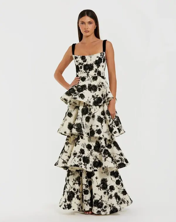 Mac Duggal Floral Boucle Tiered Ruffle Gown In Black Ivory | Editorialist