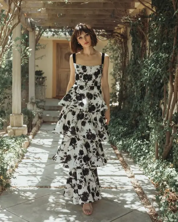 Mac Duggal Floral Boucle Tiered Ruffle Gown In Black Ivory | Editorialist