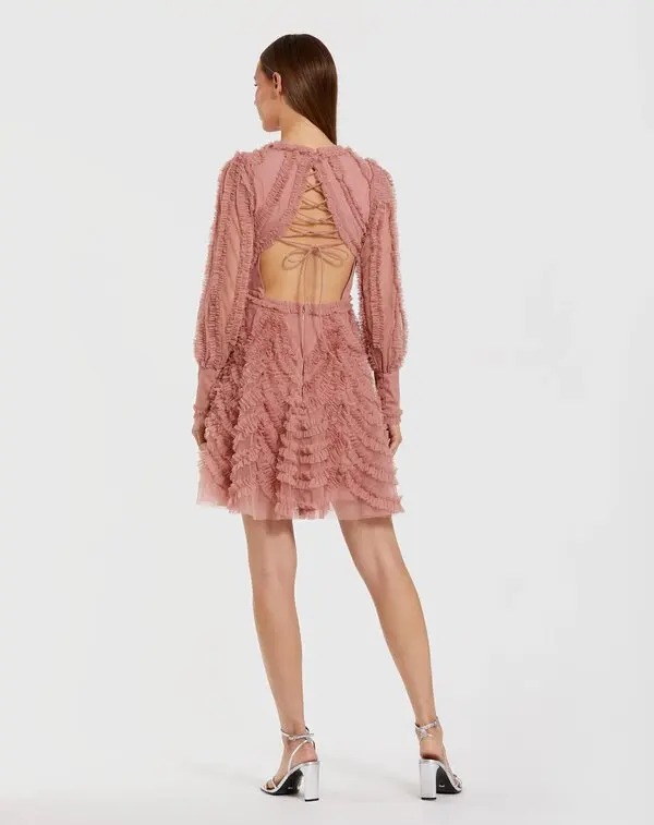 Mac Duggal Ruffled Lace-up Back Mini Dress