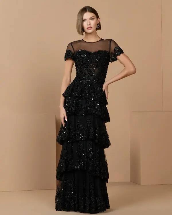 MAC DUGGAL COLLECTION Embellished High Neck Gown With Tiered Ruffle Skirt - Black