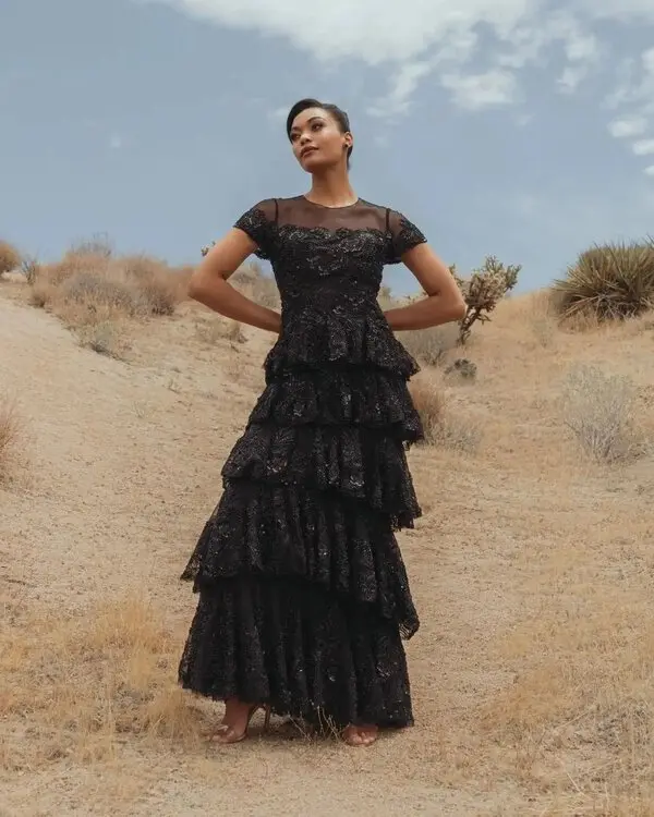 MAC DUGGAL COLLECTION Embellished High Neck Gown With Tiered Ruffle Skirt