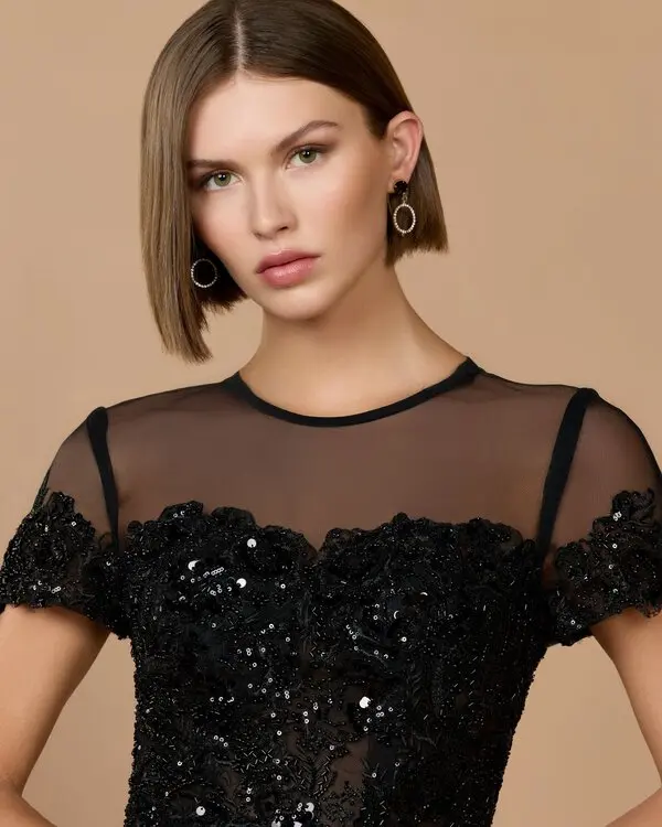 MAC DUGGAL COLLECTION Embellished High Neck Gown With Tiered Ruffle Skirt