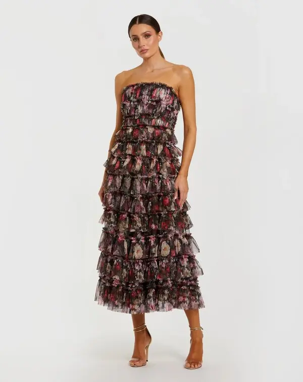 Mac Duggal Floral Print Strapless Midi Dress