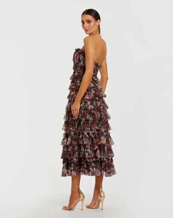 Mac Duggal Floral Print Strapless Midi Dress