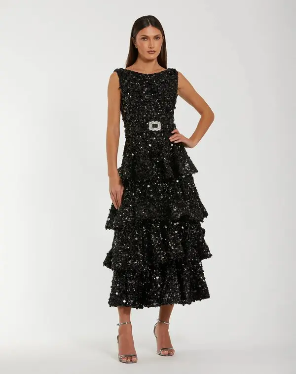 Mac Duggal Sequin Ruffle Midi Dress With Belt