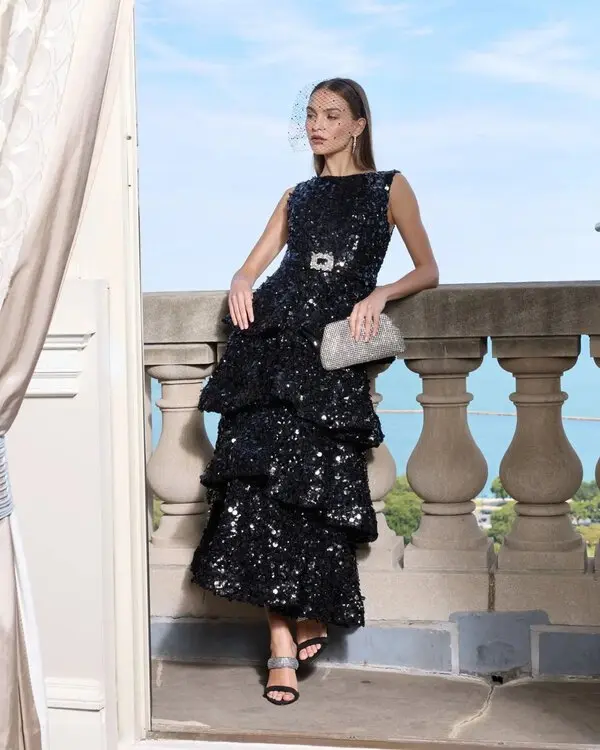 Mac Duggal Sequin Ruffle Midi Dress With Belt