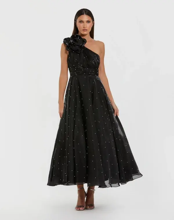 Mac Duggal Pearl-Embellished Organza Midi Dress In Black Ivory |  Editorialist