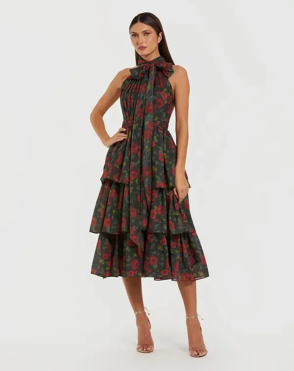 Mac Duggal Floral Chiffon Tiered Midi Dress With Bow