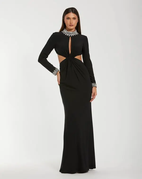 Mac Duggal Embellished Long Sleeve Cut Out Evening Gown - Black
