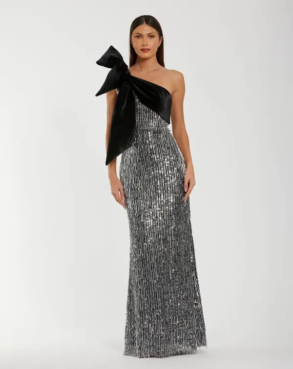 Mac Duggal One Shoulder Embellished Trumpet Gown With Velvet Bow
