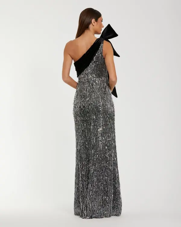 Mac Duggal One Shoulder Embellished Trumpet Gown With Velvet Bow
