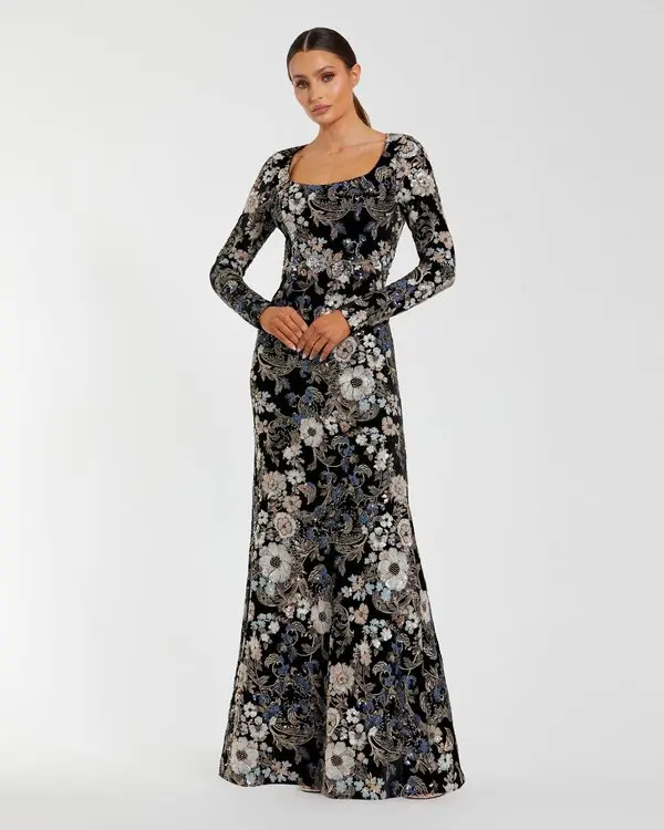 Mac Duggal Floral Embroidered Velvet Evening Gown - Black Multi
