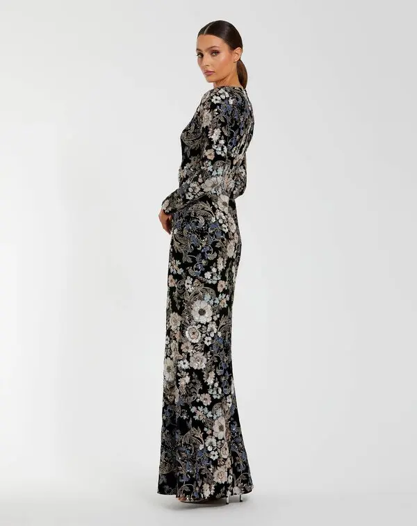 Mac Duggal Floral Embroidered Velvet Evening Gown