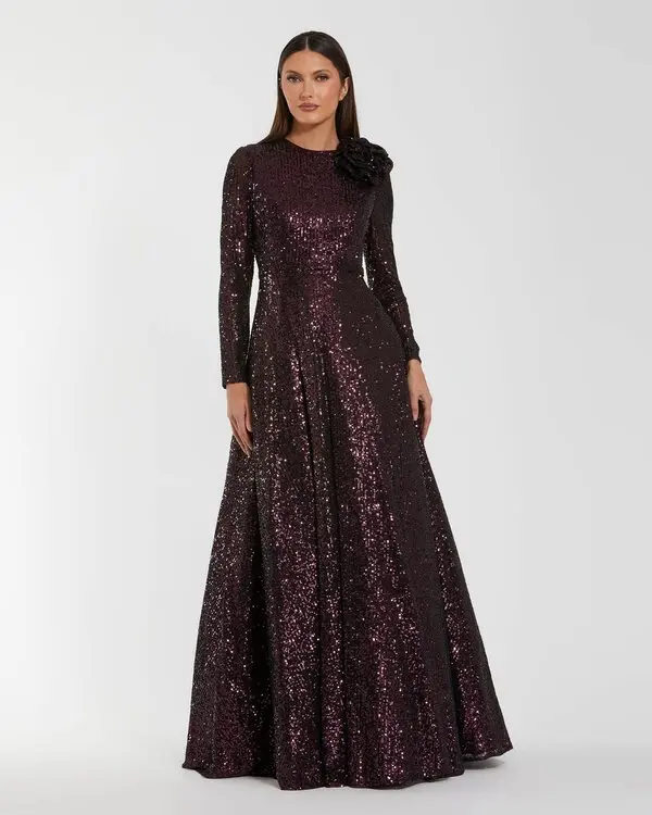 Mac Duggal Sequin Ball Gown With 3d Flower - Amethyst