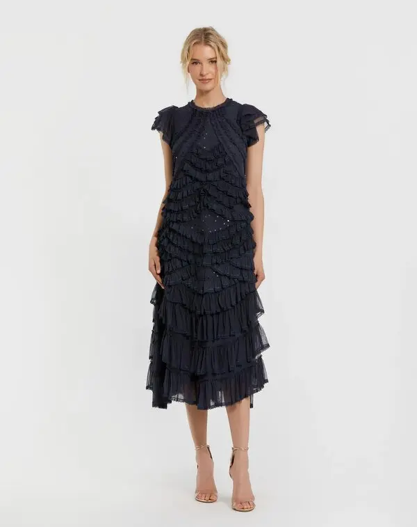 Mac Duggal High Neck Micro Ruffle Midi Dress - Navy