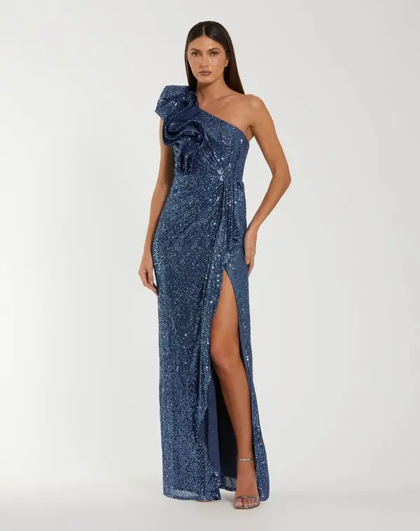 Mac Duggal One Shoulder Sequin Gown With Ruffle Detail - Blue