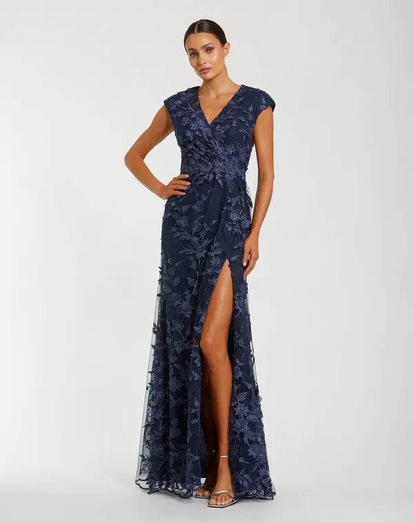 Mac Duggal Embroidered Cap Sleeve Gown - Navy