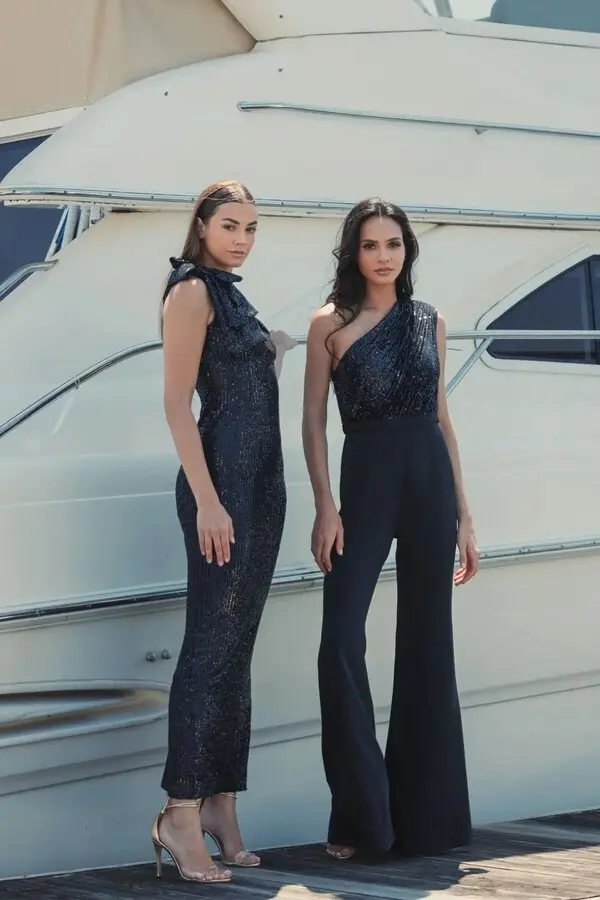 Mac Duggal Sequin One-shoulder Bell-bottom Jumpsuit