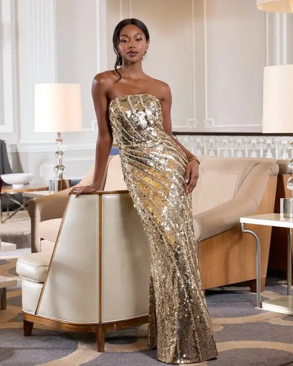 metallic gold bridesmaid dress Terani Couture 242M3363 - Long Jacquard Trumpet Dress
