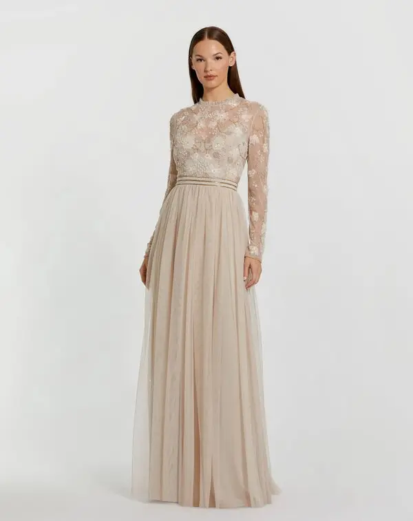 Mac Duggal Embellished Illusion High Neck Long Sleeve Gown - Neutral