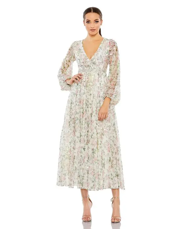 Mac Duggal Embellished Floral Print Faux Wrap A-line Dress - White Multi