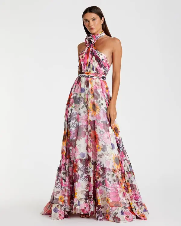 Mac Duggal Asymmetrical Ruffled Halter Gown - Multicolor