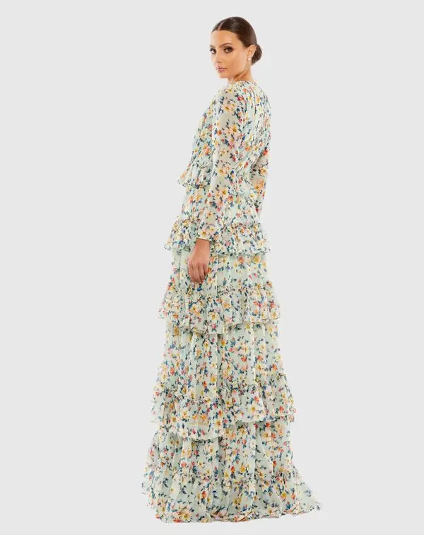 green emerald velvet dress Blue Floral Embroidered Smock Neck Tiered Ruffle Dress