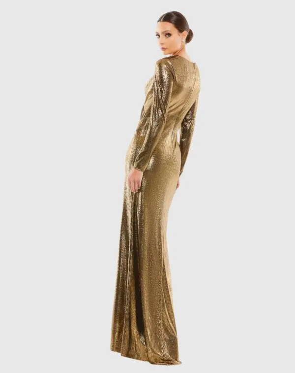 Mac Duggal Metallic Asymmetrical Ruched Gown - Gold