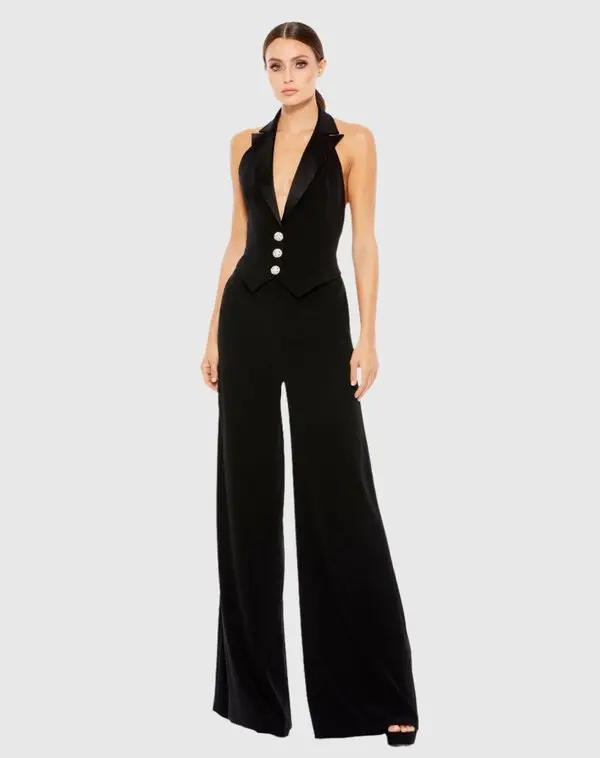 Mac Duggal Tuxedo Halter Jumpsuit - Jet Black