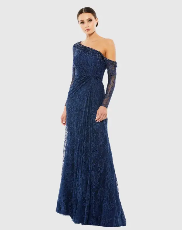Mac Duggal Draped Jewel-encrusted Lace Gown