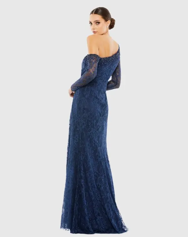 Mac Duggal Draped Jewel-encrusted Lace Gown