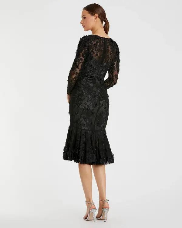 mac duggal long-sleeve tea-length floral applique cocktail dress Mac Duggal Long-Sleeve Tea-Length Floral Applique Cocktail Dress Sz 4
