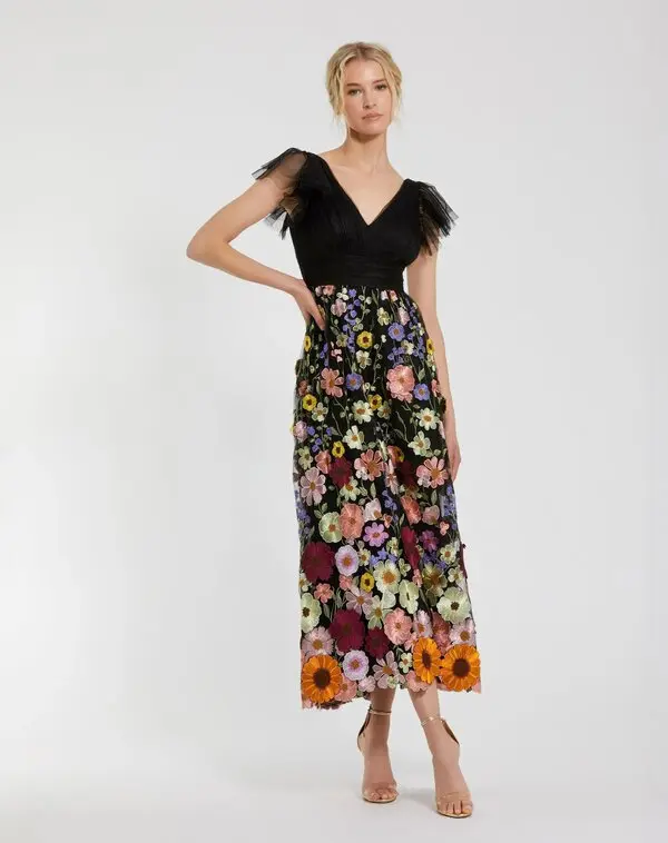 Mac Duggal Embroidered Flutter Sleeve Floral Dress