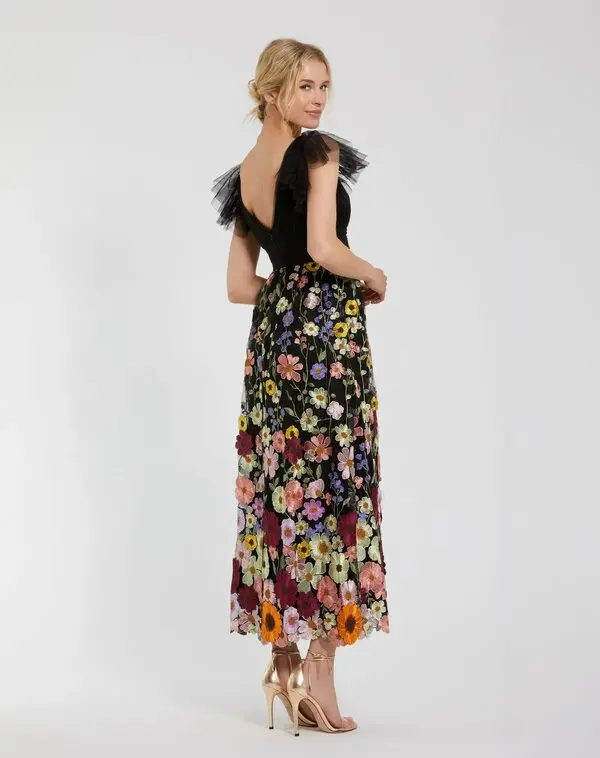 Mac Duggal Embroidered Flutter Sleeve Floral Dress
