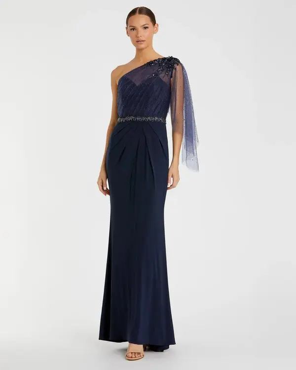 Mac Duggal Embellished One-shoulder Draped Gown