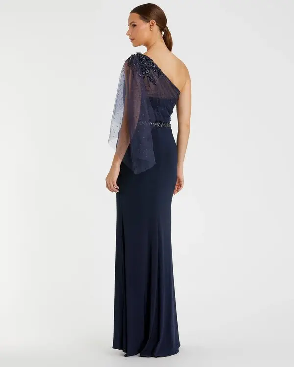 Mac Duggal Embellished One-shoulder Draped Gown