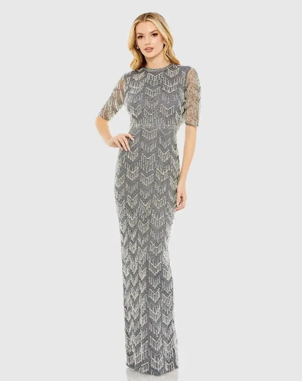 Mac Duggal Embellished Beaded Maxi Gown With High Neckline