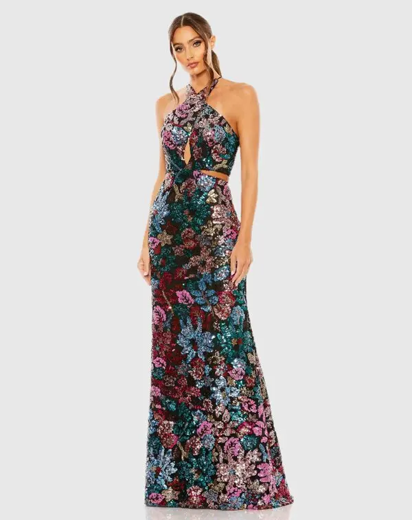 Mac Duggal Sequin Embellished Cross Neck Gown