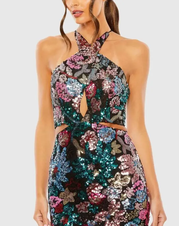 Mac Duggal Sequin Embellished Cross Neck Gown