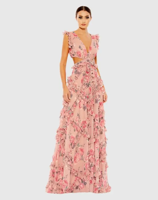Mac Duggal Floral-printed Chiffon V-neck Gown