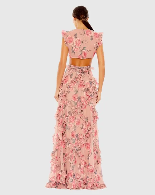 Mac Duggal Floral-printed Chiffon V-neck Gown