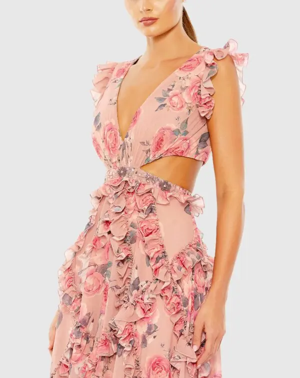 Mac Duggal Floral-printed Chiffon V-neck Gown