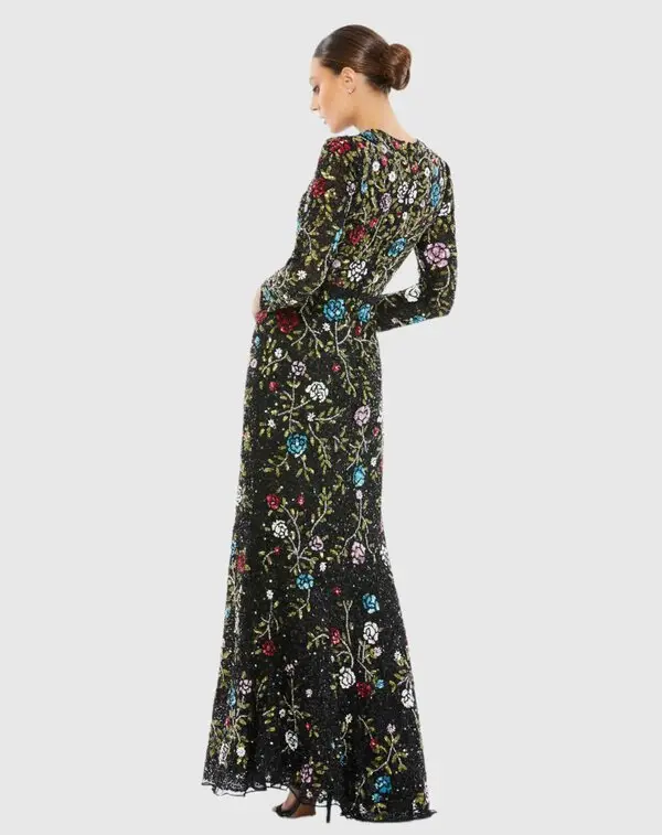 Mac Duggal Embellished Floral Long Sleeve Gown - Black Multi