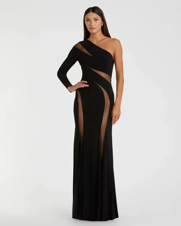 Mac Duggal Jersey One Shoulder Illusion Cut Out Gown