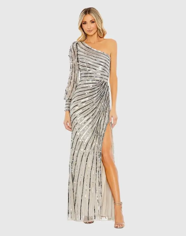 Mac Duggal Asymmetrical One-shoulder Sequin Gown - Platinum