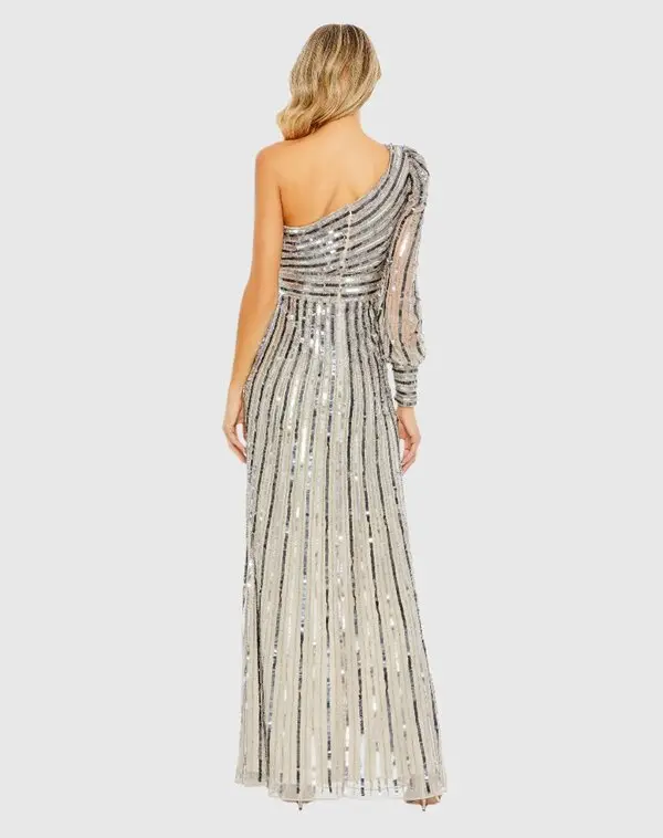 Mac Duggal Asymmetrical One-shoulder Sequin Gown - Platinum