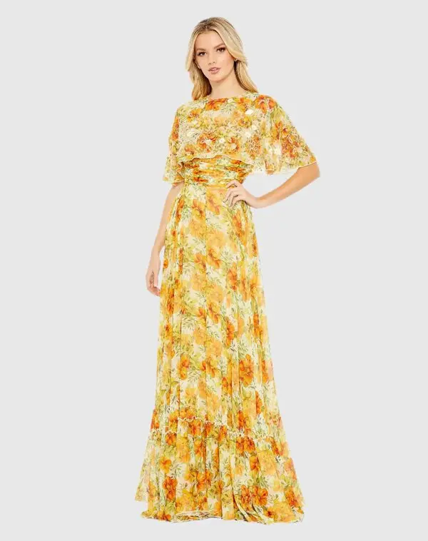 Mac Duggal High Neck A-line Floral Gown With Cape Sleeves - Yellow Multi