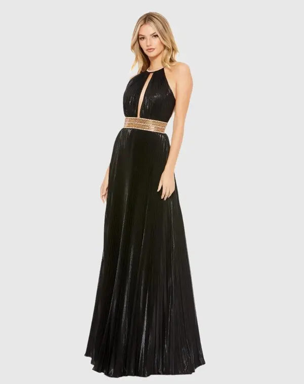 Mac Duggal Pleated Embellished Halter Gown With Open Back